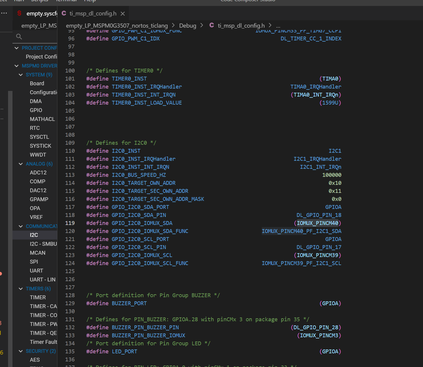 你好我想问一下关于CCS软件代码的问题，就是我已经使用了CCS的syscfg工具配置了引脚并且生成了ti_msp_dl_config.h头文件已经定义了，但是编译的时候一直显示未定义是什么情况 ...