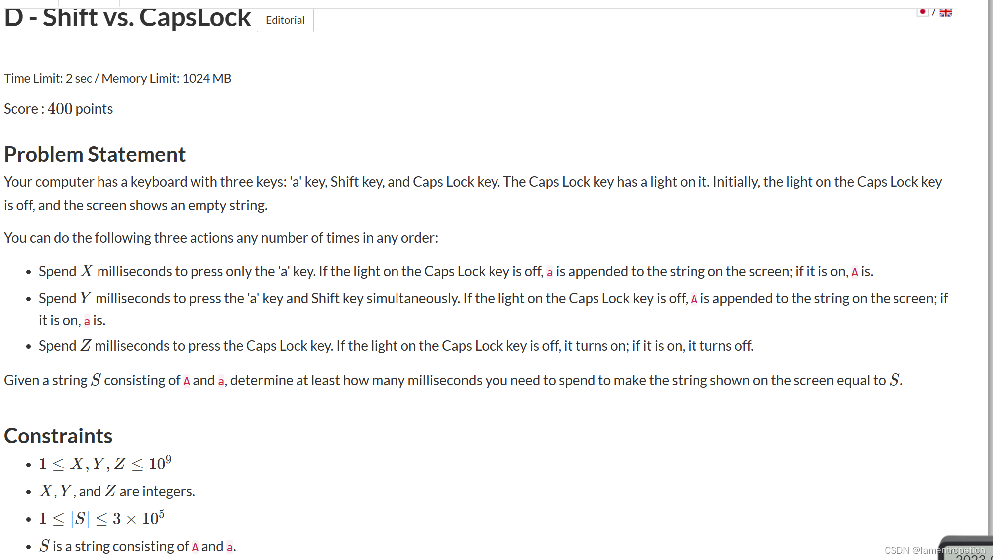 【状态机DP】ABC303 D - Shift vs. CapsLock-CSDN博客