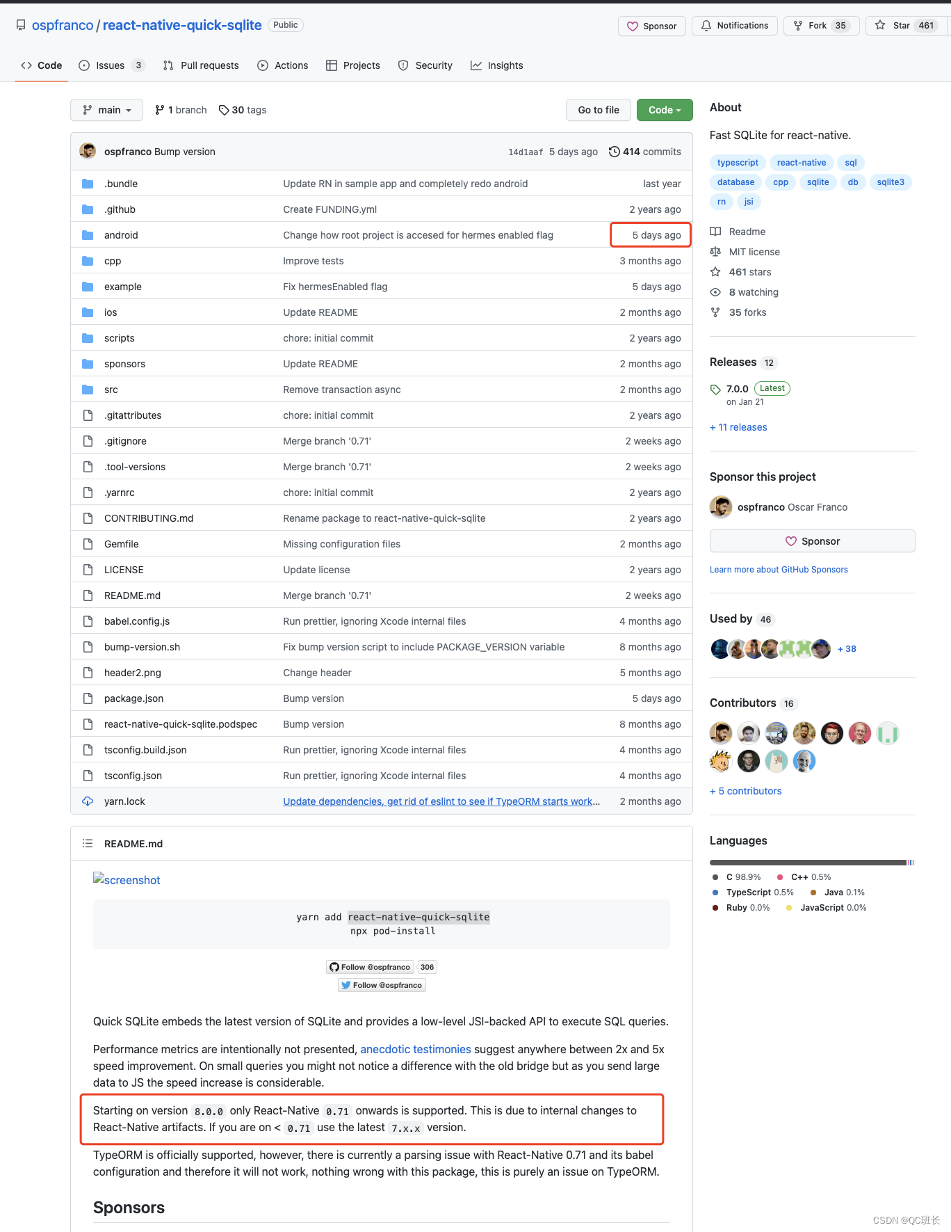React Native 0.71.3版本集成SQLite数据库，使用 react-native-quick-sqlite 插件，而不是 react-native-sqlite-storage ...