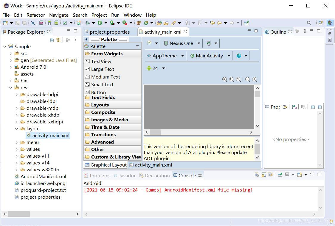[Eclipse Android]已解决：Graphical Layout不能使用，并出现提示This version of the rendering library is more ...