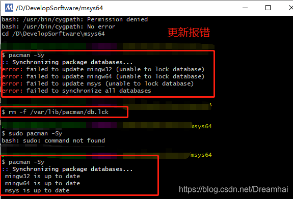 MSYS2使用教程——更新升级提示error: failed to update core (unable to lock database)的解决方法_:: synchronizing ...