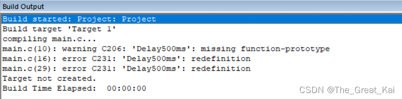 STC89C51学习笔记-报错1：main.c(10): warning C206: ‘Delay500ms‘: missing function-prototype ...