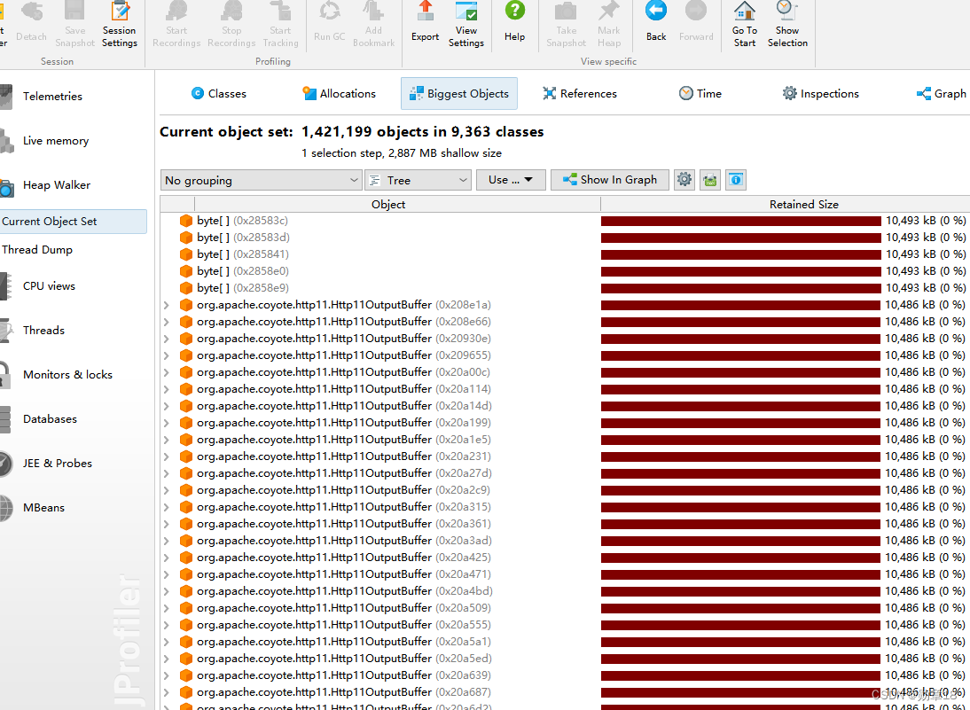 记录一次SpringBoot项目中因为server.max-http-header-size导致的内存溢出 并使用JVM命令以及Jprofile排查过程_biggest objects gc ...