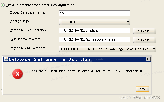 ORACE dbca创建报错Oracle system identifier(SID) “orcl“_a database instance with oracle system ...