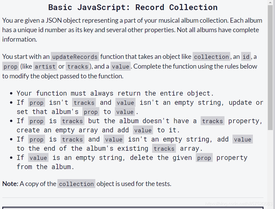 freeCodeCamp算法题：Basic JavaScript: Record Collection答案及重点解析_freecode 如果 value 是空字符串,从专辑里删除指-CSDN博客