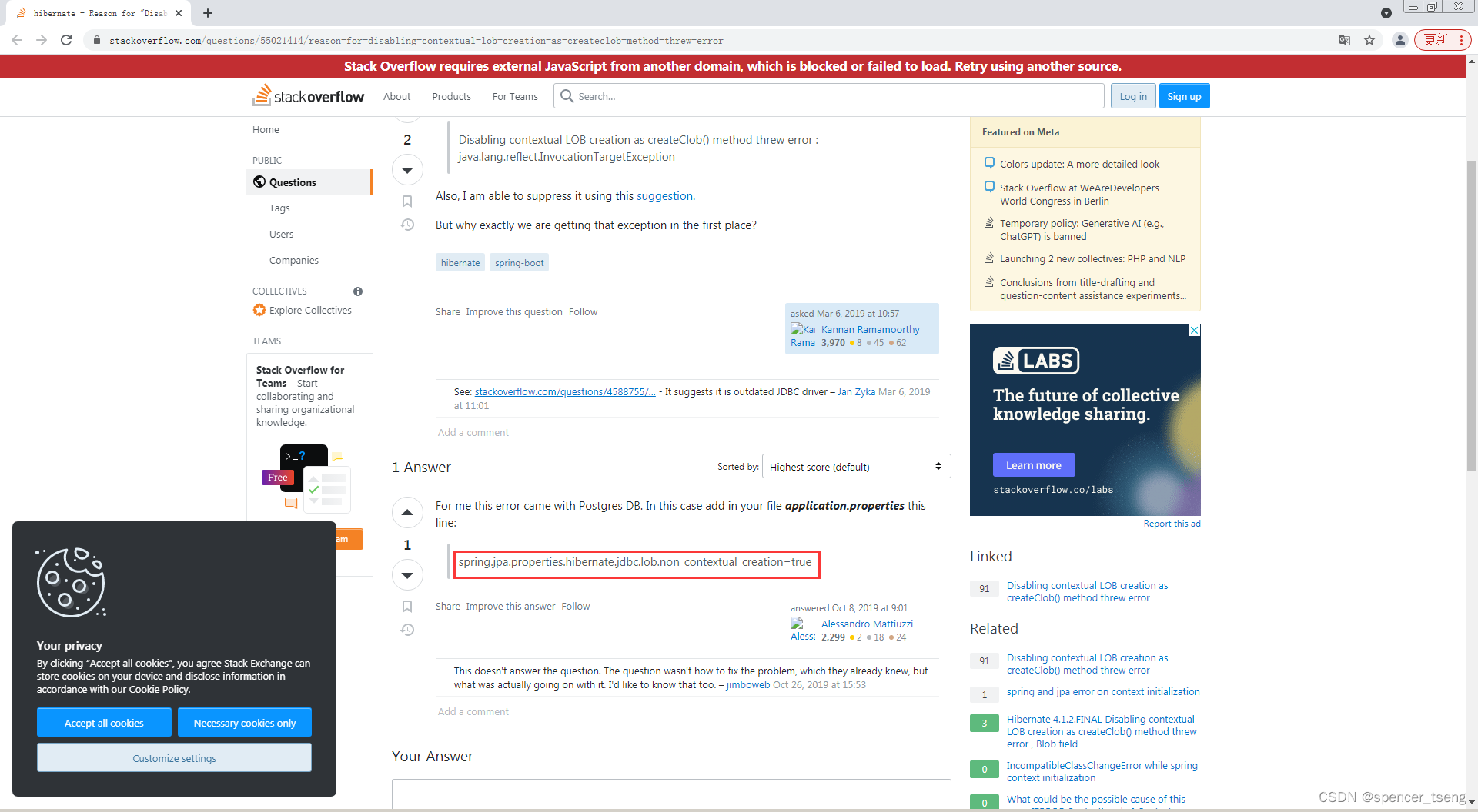 Disabling contextual LOB creation as createClob() method threw error : java.lang.reflect ...