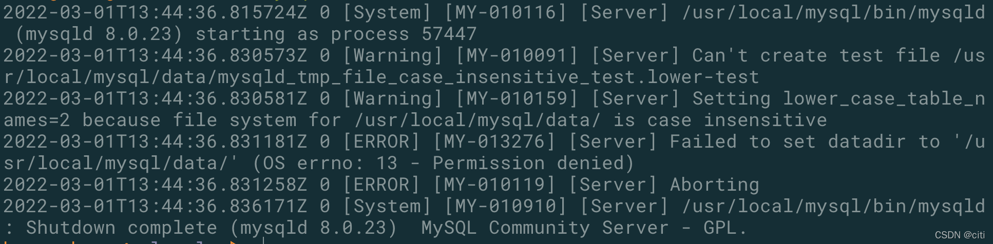 [MY-013276] [Server] Failed to set datadir to ‘/usr/local/mysql/data/‘ (OS errno: 13 ...