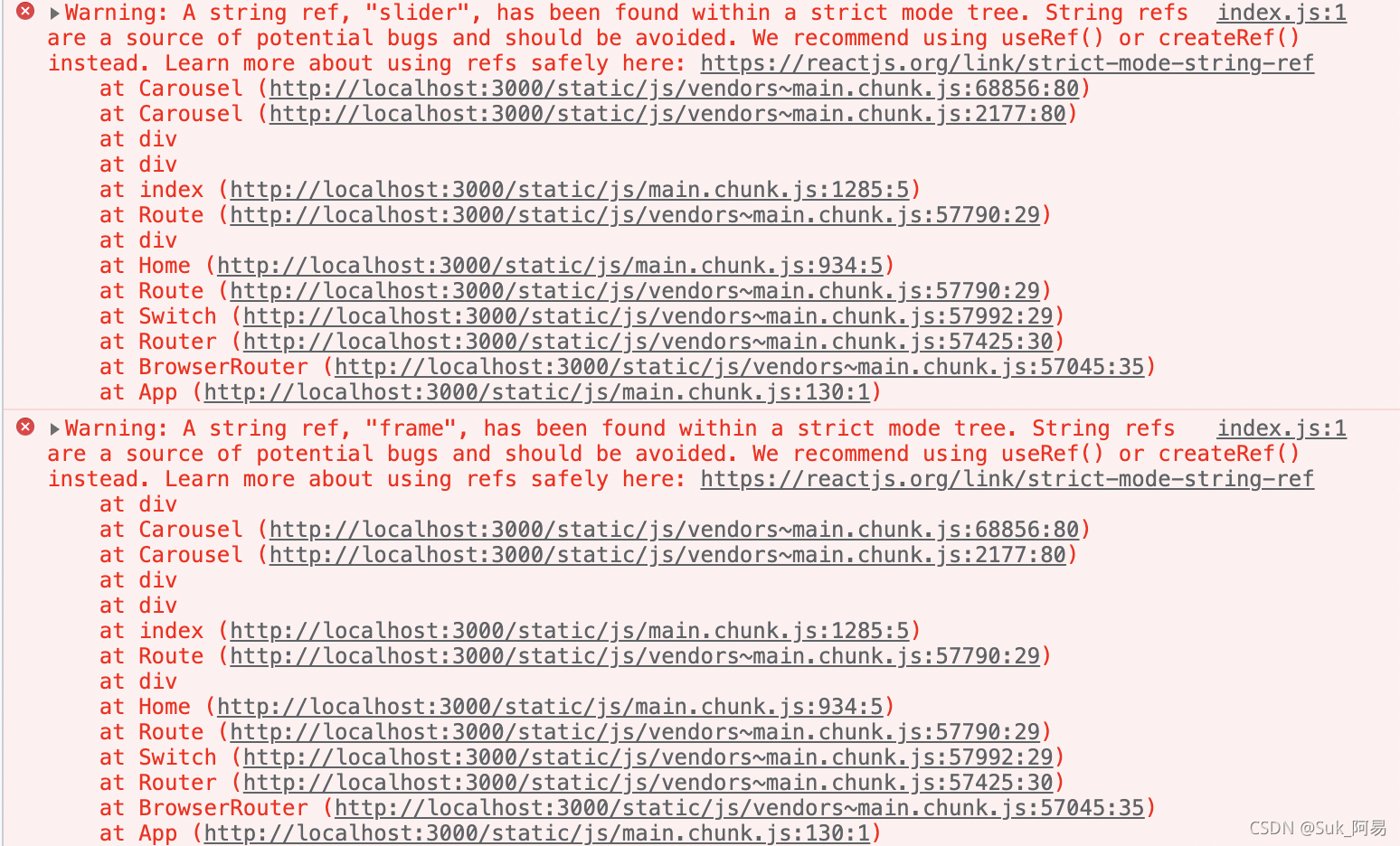 A string ref, “slider“, has been found within a strict mode tree...报错_app.tsx:42 warning: a ...