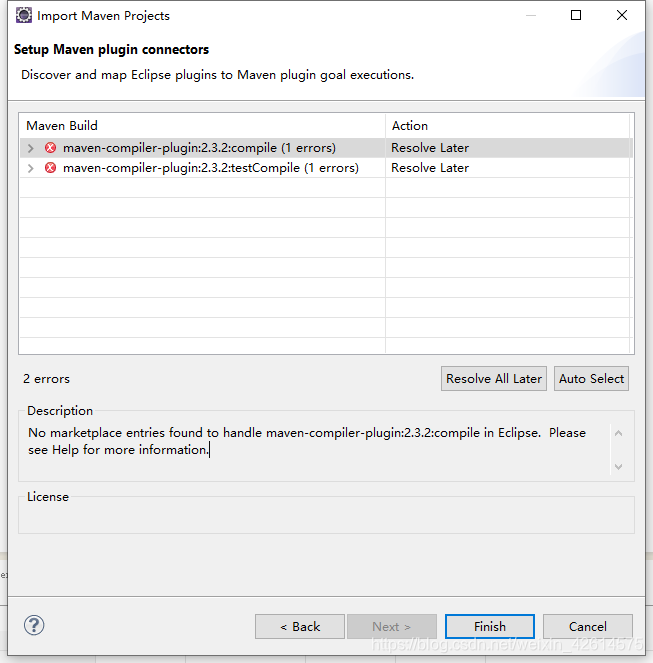 maven导入项目时出现：No marketplace entries found to handle maven-compiler-plugin:2.3.2:compile in ...