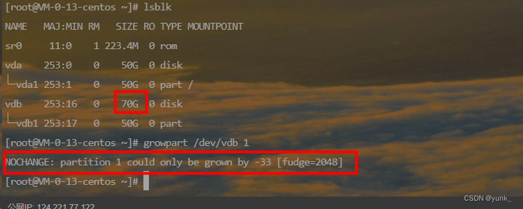 Linux扩容报错：NOCHANGE: partition 1 could only be grown by -33 [fudge=2048]-CSDN博客