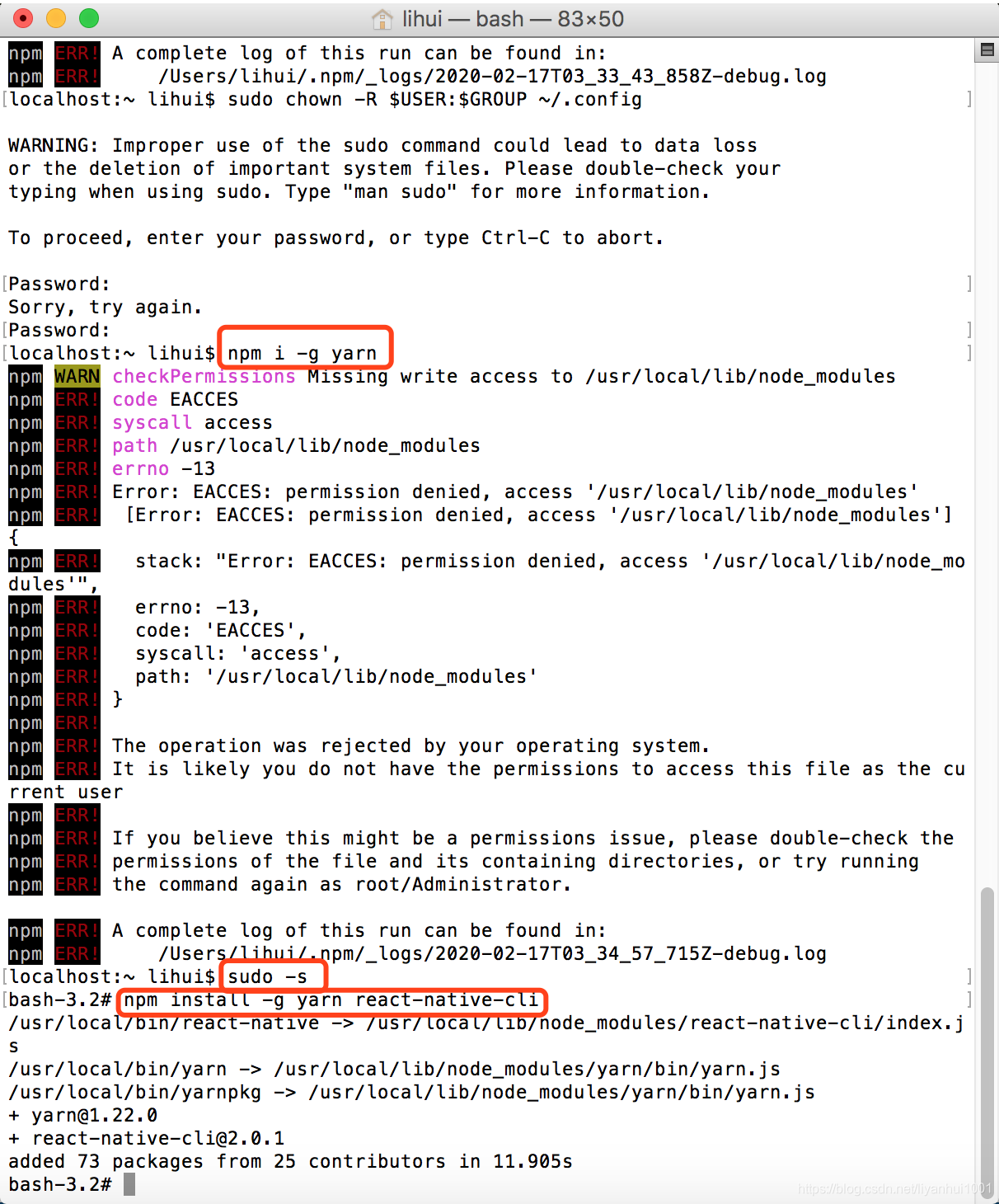 Mac下全局安装yarn ，没权限处理方式_mac install yarn 没有权限-CSDN博客