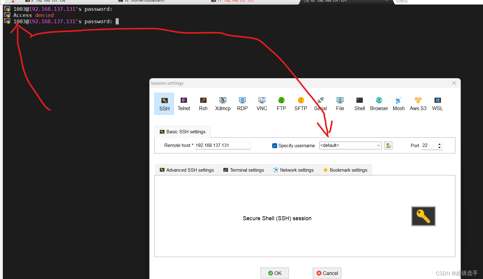 使用MobaXterm远程连接虚拟机时报Access denied_mobaxterm access denied-CSDN博客