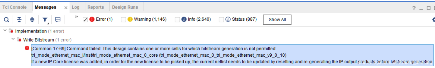 [Common 17-69] Command failed: This design contains one or more cells for which bitstream ...