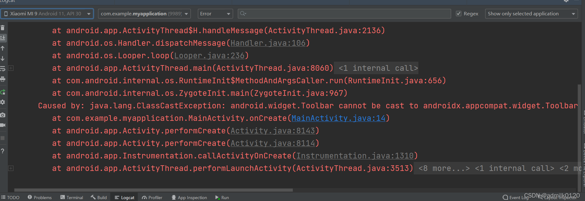 第一行代码Toolbar学习实践，出现错误android.widget.Toolbar cannot be cast to androidx.appcompat.widget.Toolbar ...