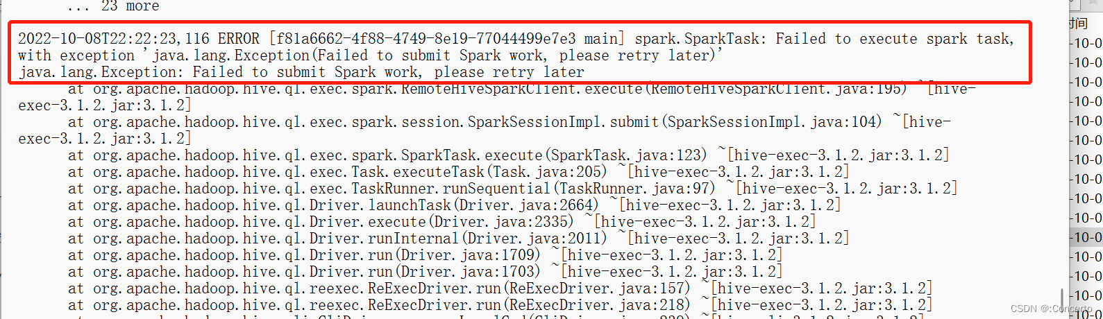 部署：hive on spark报错Failed to execute spark task(Failed to submit Spark work, please retry later ...
