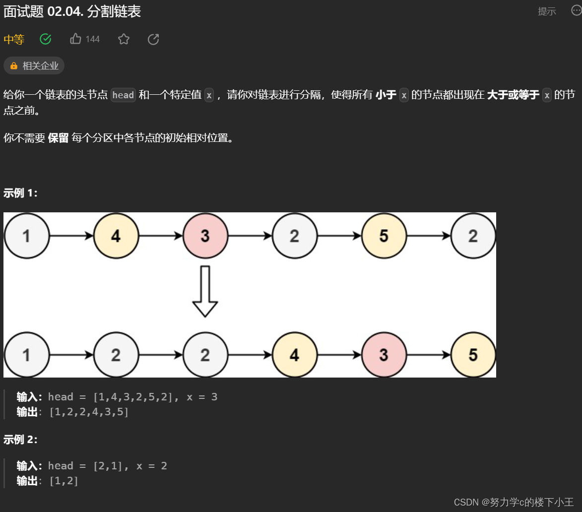 解题详解 Leetcode：剑指 Offer 22. 链表中倒数第k个节点；21. 合并两个有序链表；面试题 02.04. 分割链表； LCR 027. 回文链表；LCR 023. 相交链表 ...