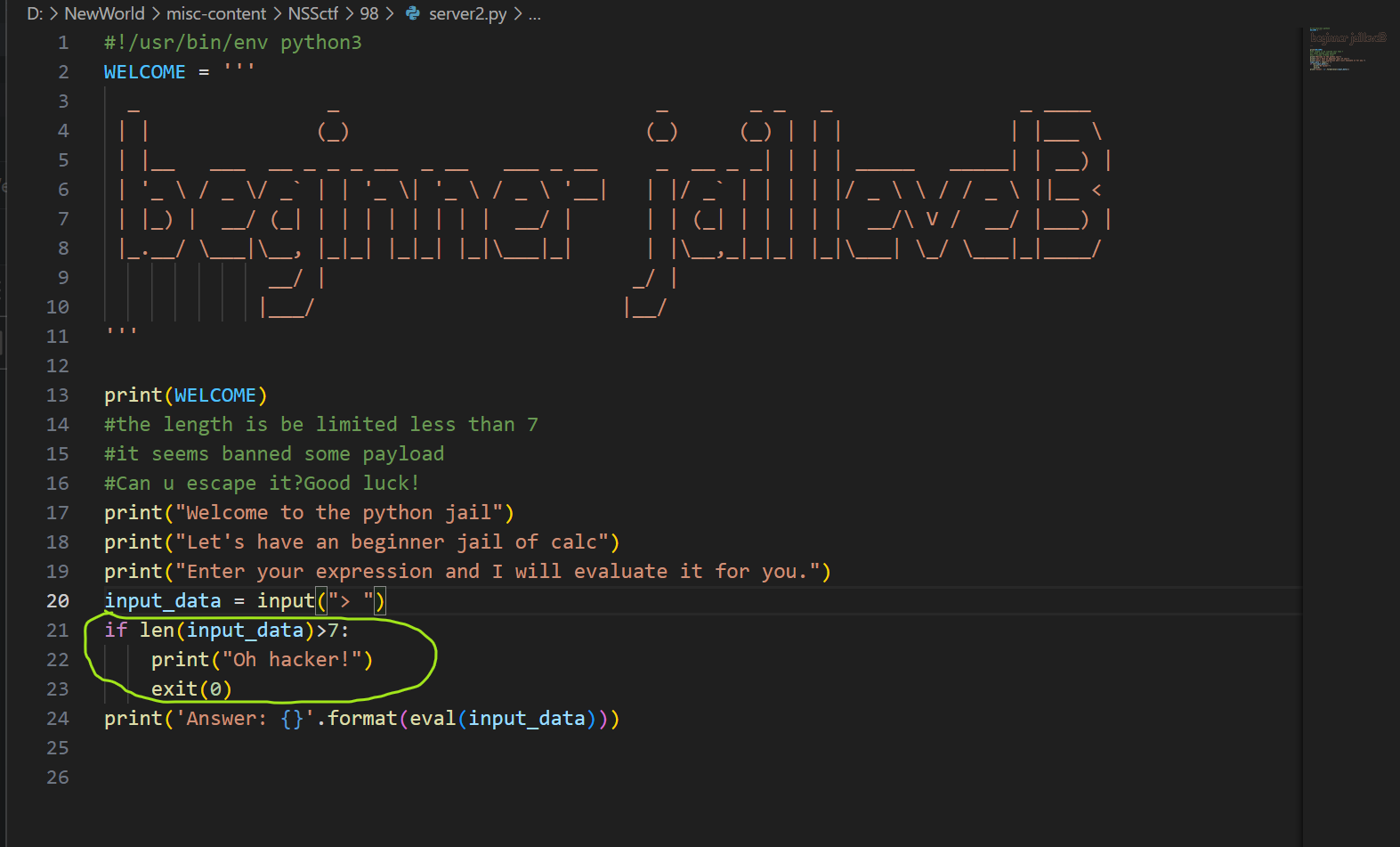 【misc】[HNCTF 2022 Week1]calc_jail_beginner_level3(JAIL) --沙盒逃逸，help函数_misc jail-CSDN博客