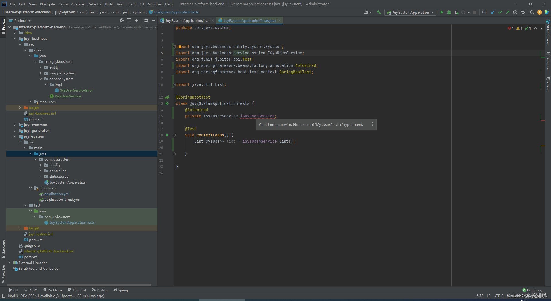 SpringBoot模块化时遇到Could not autowire. No beans of ‘xxxService‘ type found.错误_could not autowire ...
