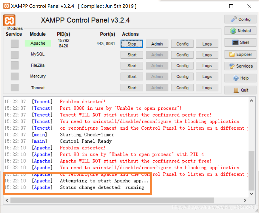 XAMPP——Apache不能启动解决方案_entire log window on the forums-CSDN博客
