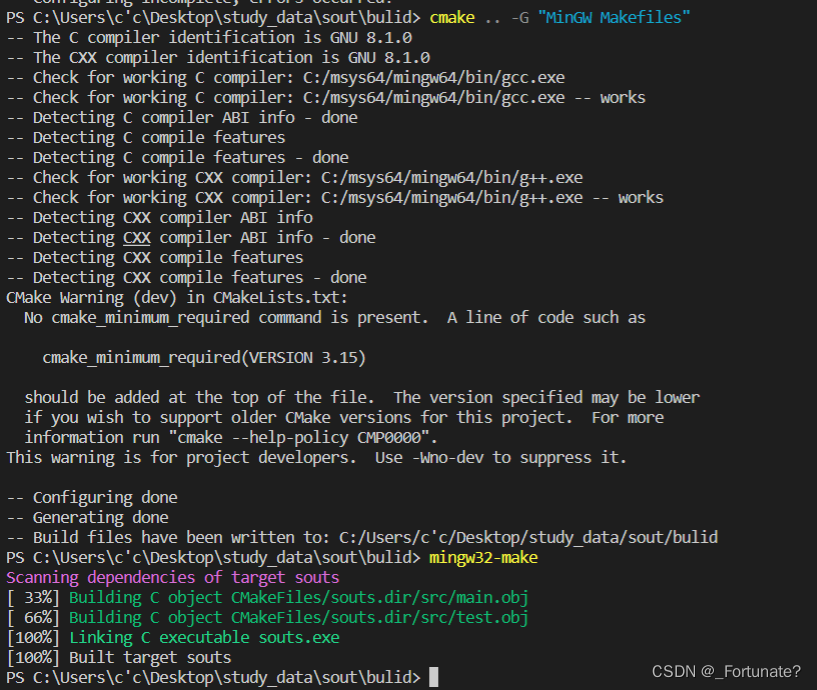 （1）window端vscode使用cmake编译，多文件编译（2）使用途中cmake 报错cmake Warning Dev In