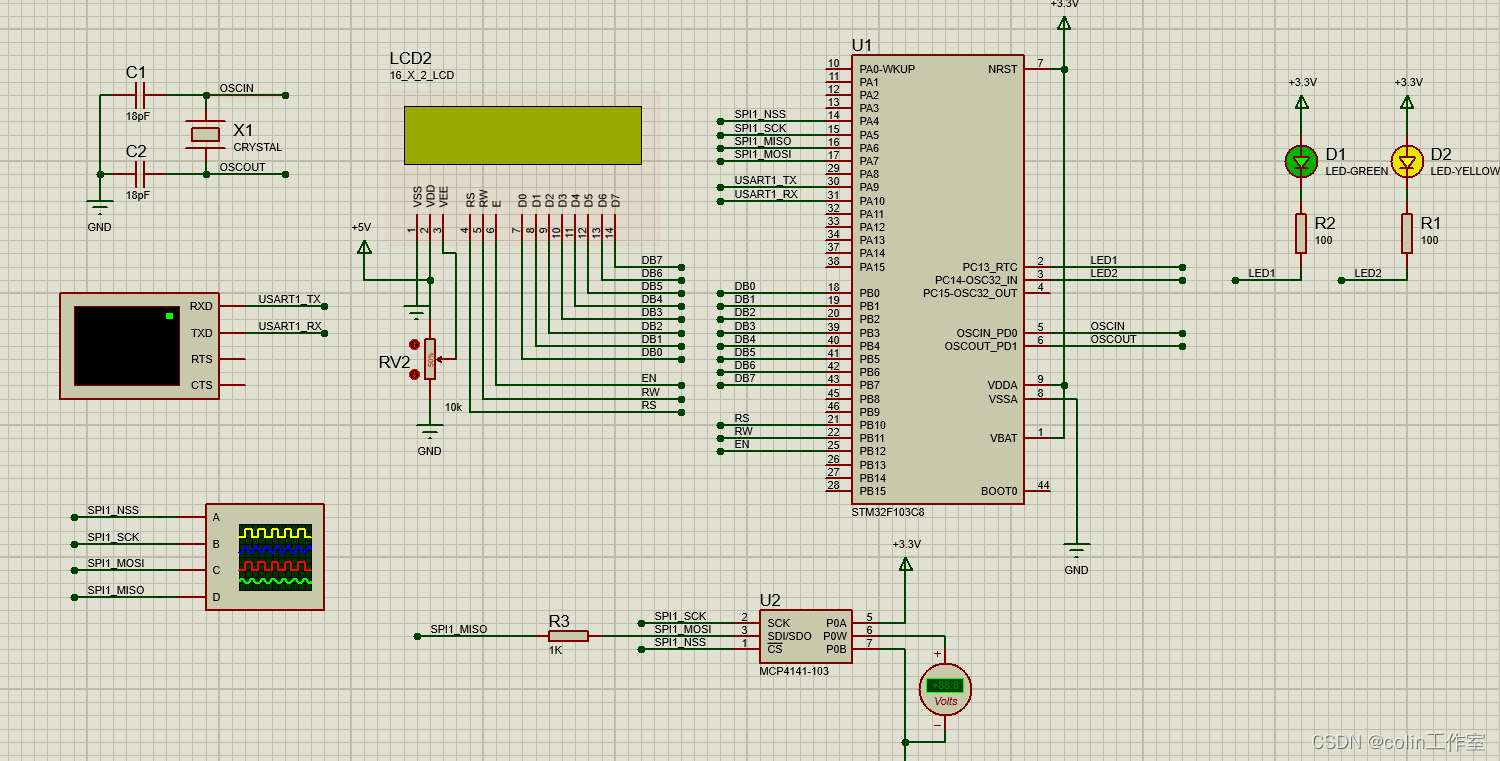 基于freertosstm32cubemxlcd1602mcp4141(spi接口)的数字电位器proteus仿真proteus