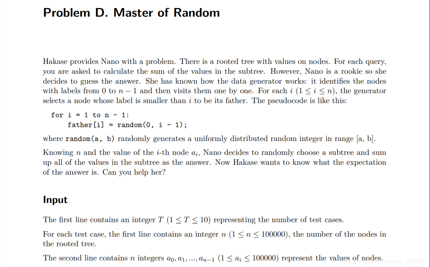 2017ccpc杭州 D - Master of Random（hdu6267 期望 + 找规律）-CSDN博客