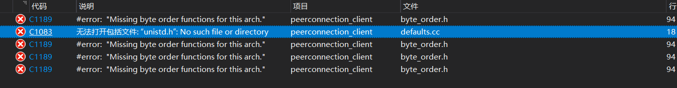 【疑难解决】Visual Studio 2017自建WebRTC中peerconnection_client程序编译报错_missing byte order functions for ...