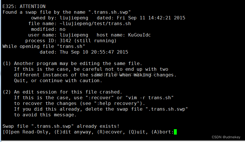 Linux系统下使用vi编辑器时意外或强制关闭窗口退出报错：Another program may be editing the same file.-CSDN博客