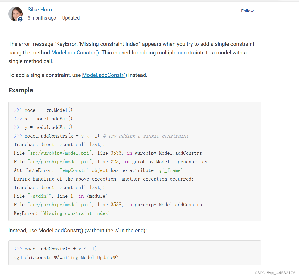 GUROBI报错之“KeyError: ‘Missing constraint index‘”-CSDN博客