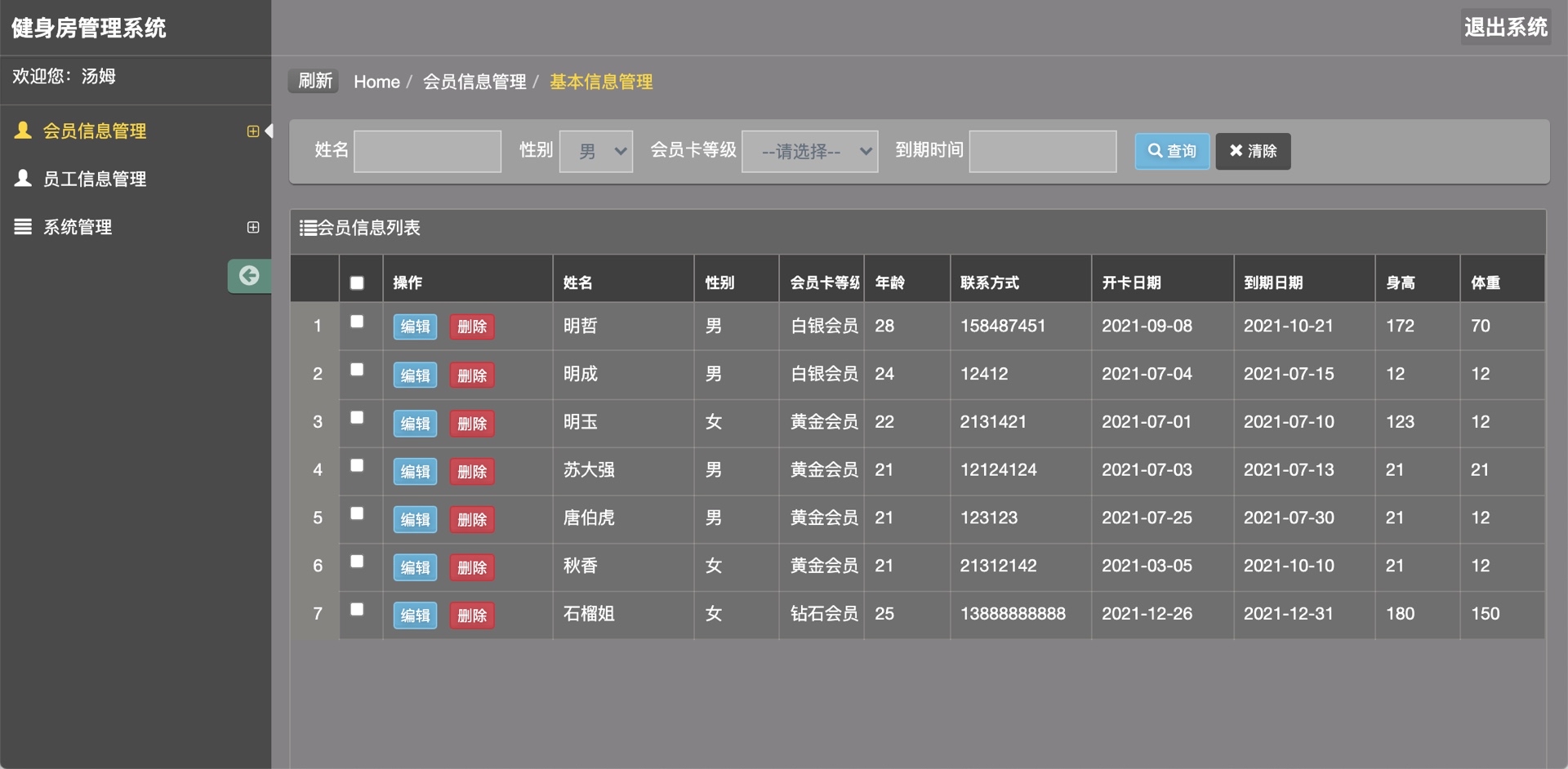 Java 健身房管理系统 健身俱乐部 健身会所管理 项目源码 Jsp Web 基于ssh的健身房管理系统 前端 Jsp、jquery 后端