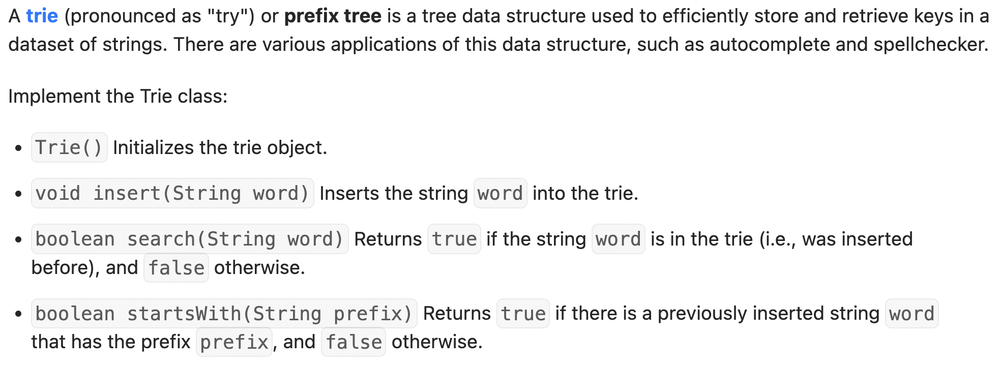 0208_Implement-Trie-Prefix_Tree【M】Trie 树（单词查找树、前缀树），含 insert、search 和 startsWith 方法：插入、判断指定前缀单词 ...