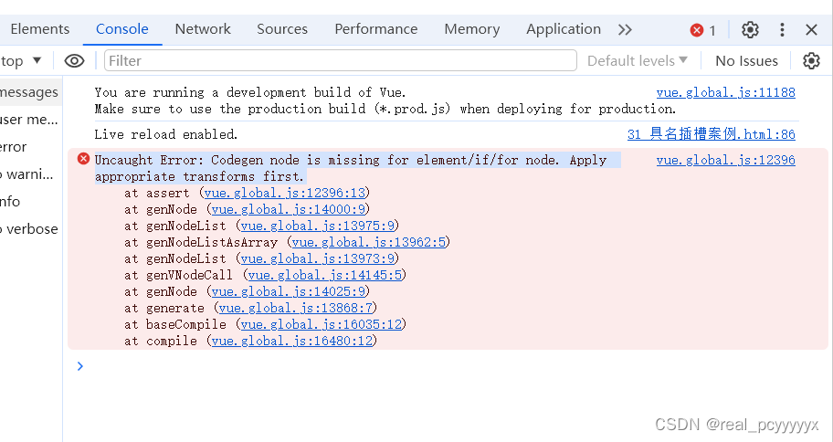 Uncaught Error: Codegen node is missing for element/if/for node. Apply appropriate transforms ...