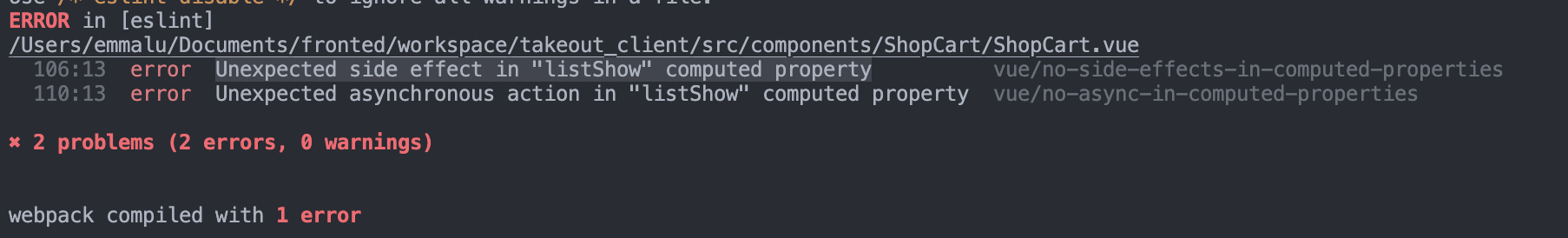 基于Vue的移动端通用外卖项目---难点2: 在实现购物车显示隐藏功能时报错‘Unexpected side effect in “listShow“ computed property ...