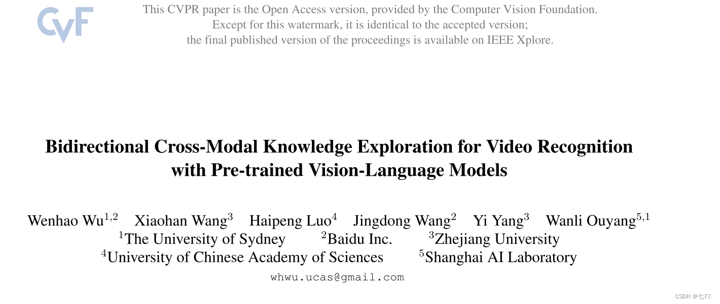 Bidirectional Cross-Modal Knowledge Exploration for Video Recognitionwith Pre-trained Vision ...