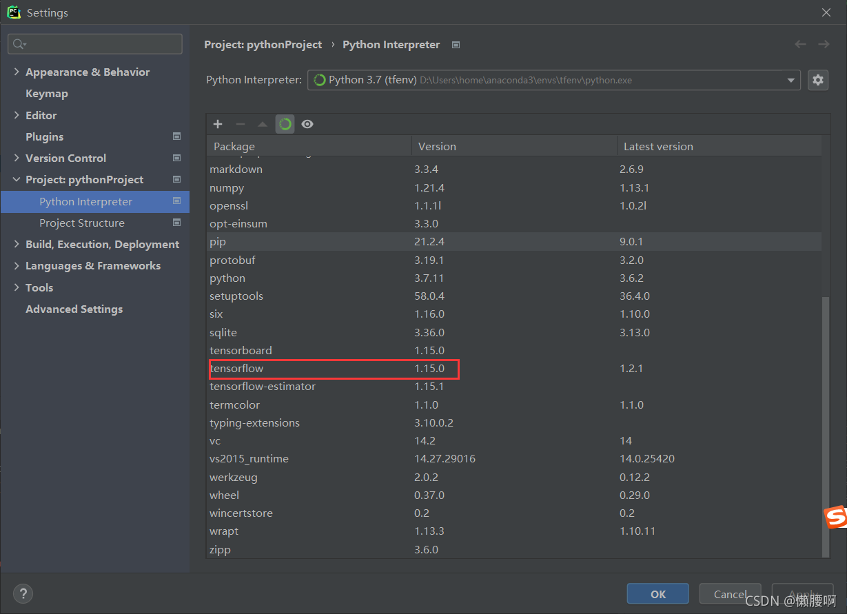 pycharm中修改基于anaconda3的tensorflow的版本【细节】_在pycharm中如何降低tensorflow的版本-CSDN博客