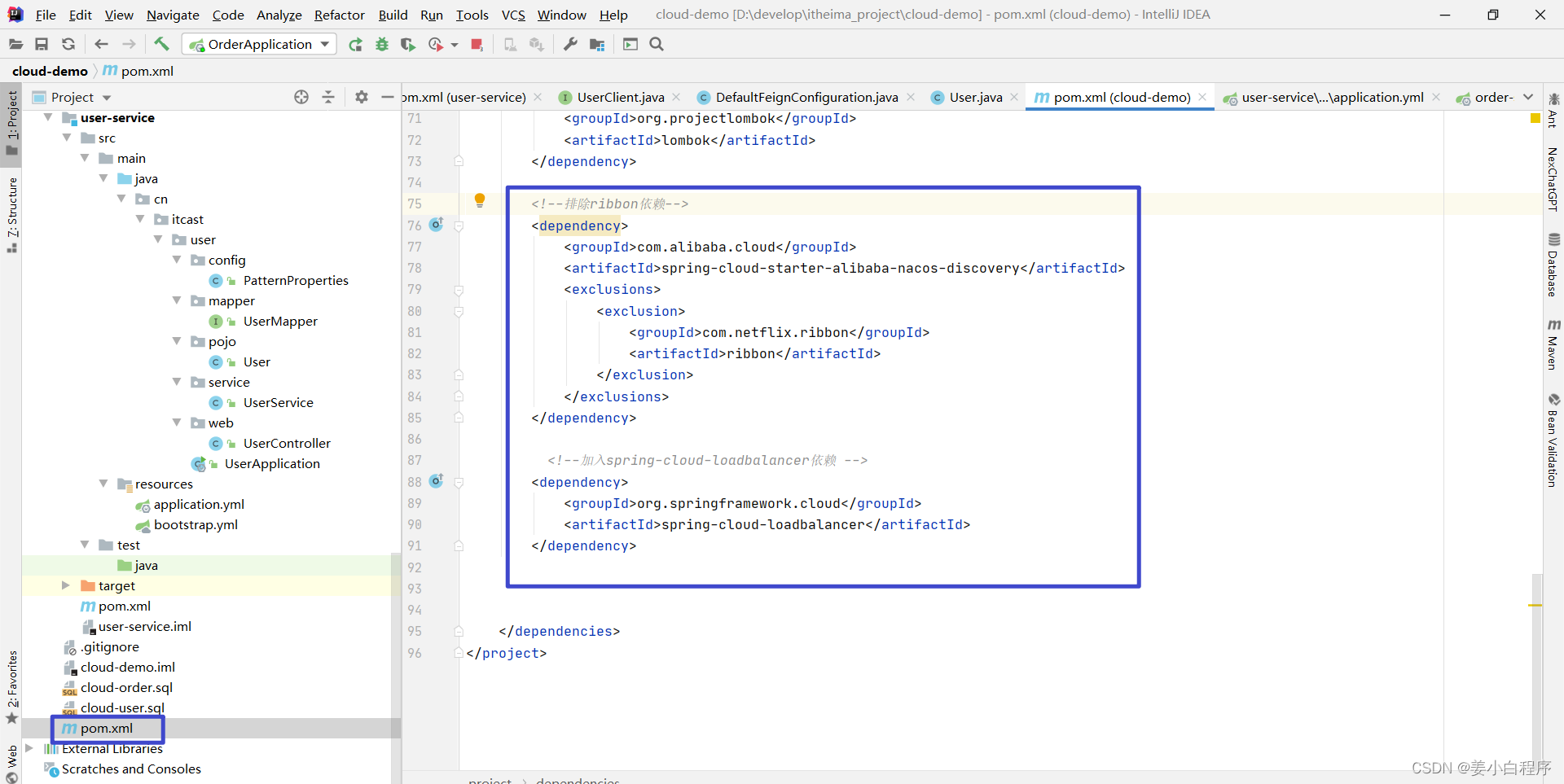Caused by: java.lang.ClassNotFoundException: cn.itcast.feign.clients.UserClient at java.base/jdk ...