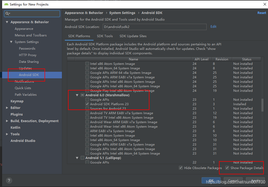 ERROR: failed to find target with hash string 'android-23' in: D:\android\sdk2_error:failed to ...
