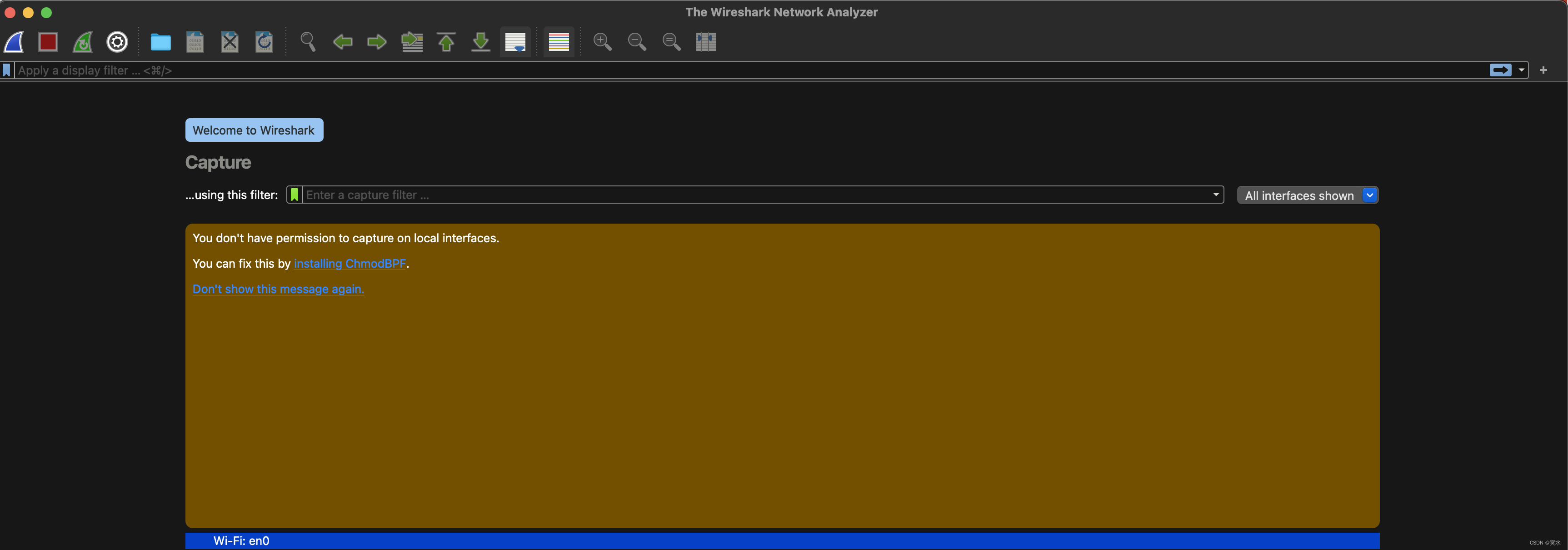 MacOS，安装Wireshark后，运行提示：You don‘t have permission to capture on local interfaces._you don't have ...