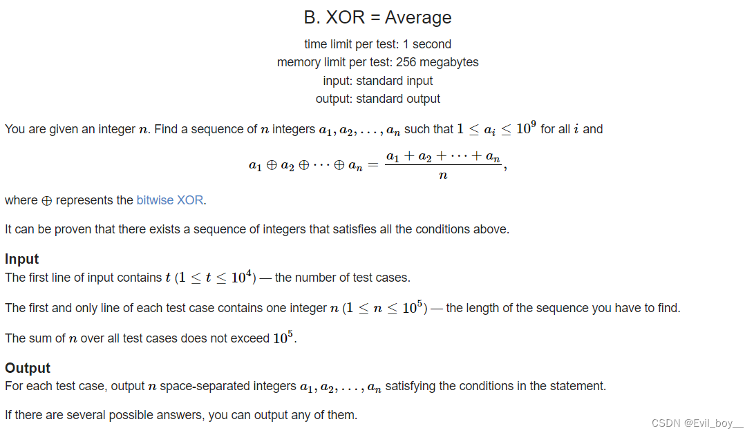 Codeforces Round #836 (Div. 2) A.B.C.D_b. xor = average-CSDN博客