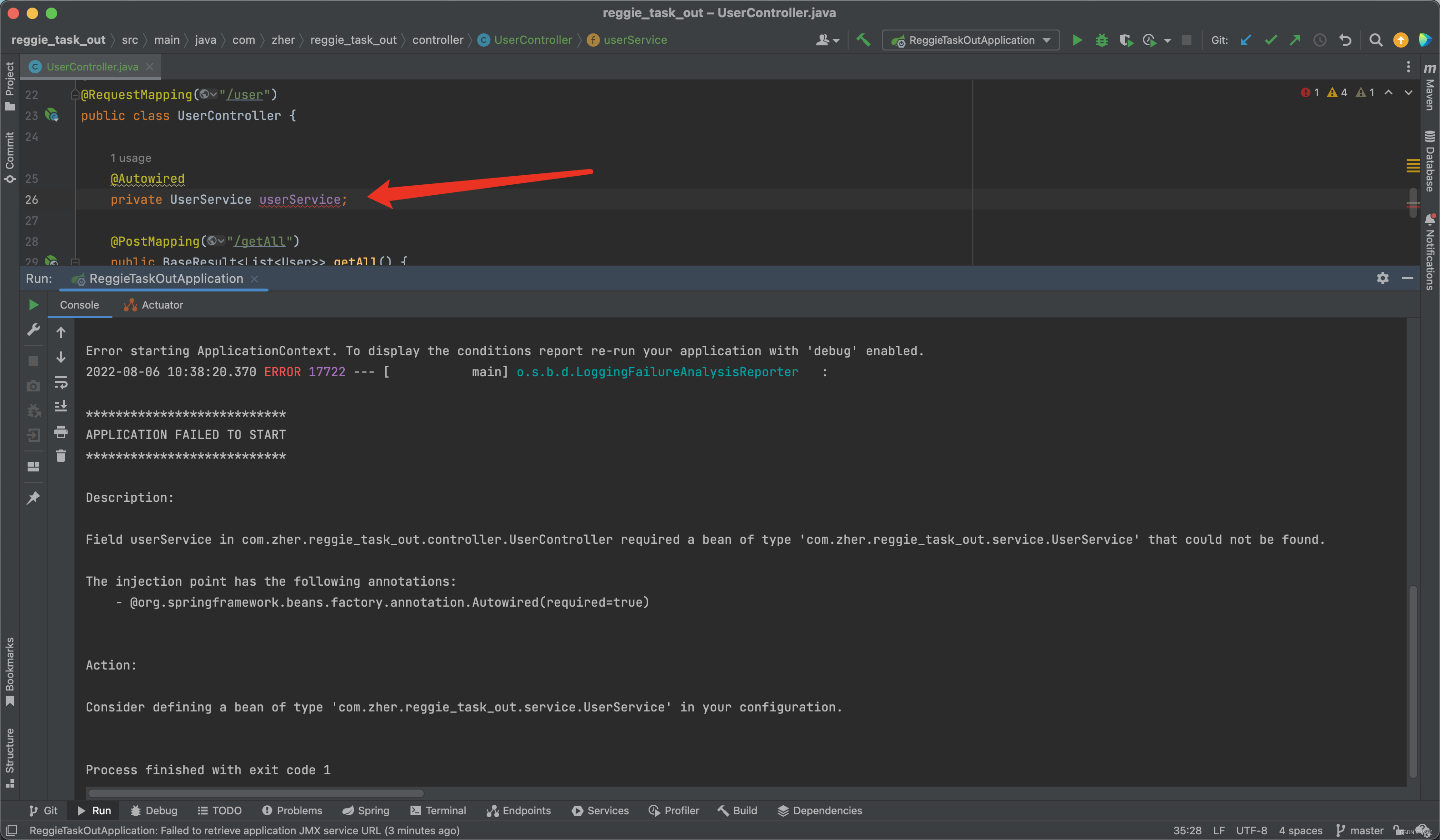 Field userService in com.zher.reggie_task_out.controller.UserController required a bean of type ...