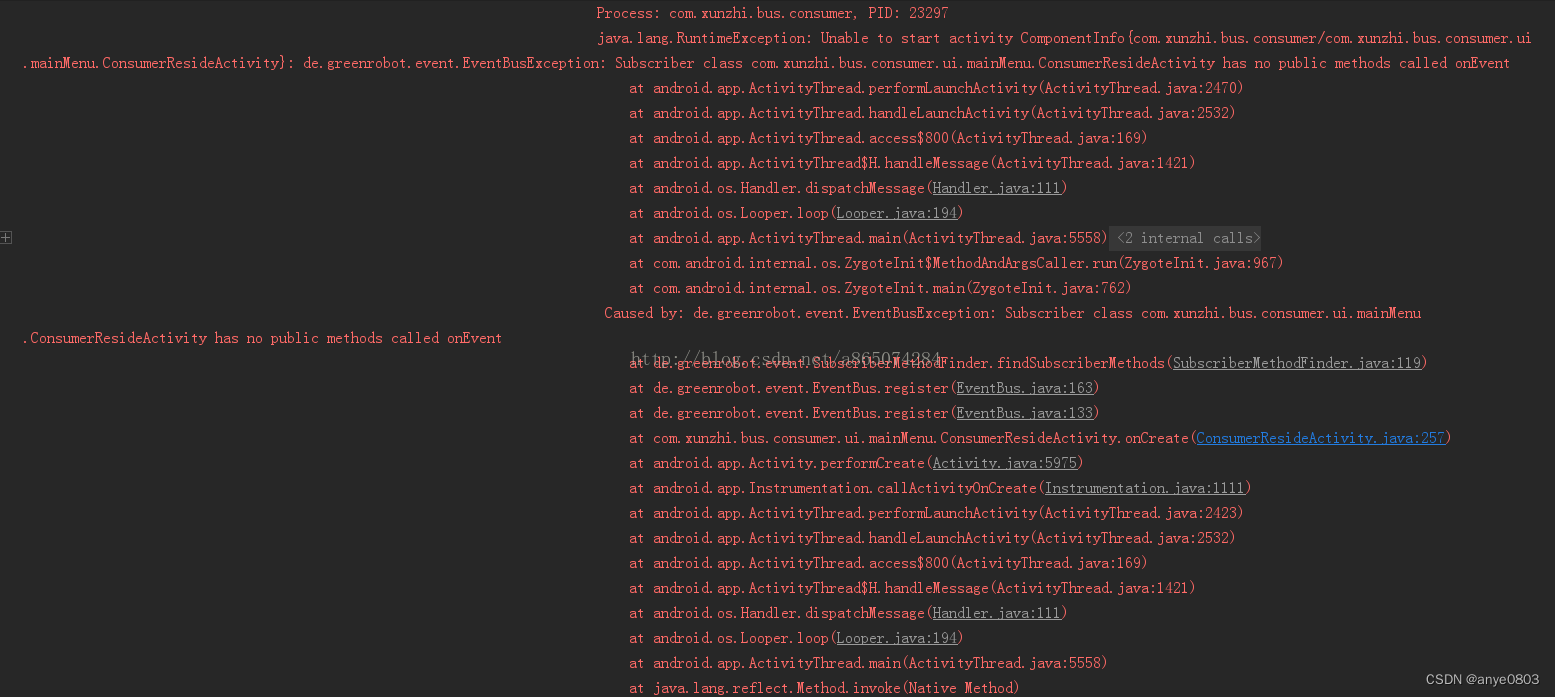 Caused by: de.greenrobot.event.EventBusException: Subscriber class has no public methods called ...