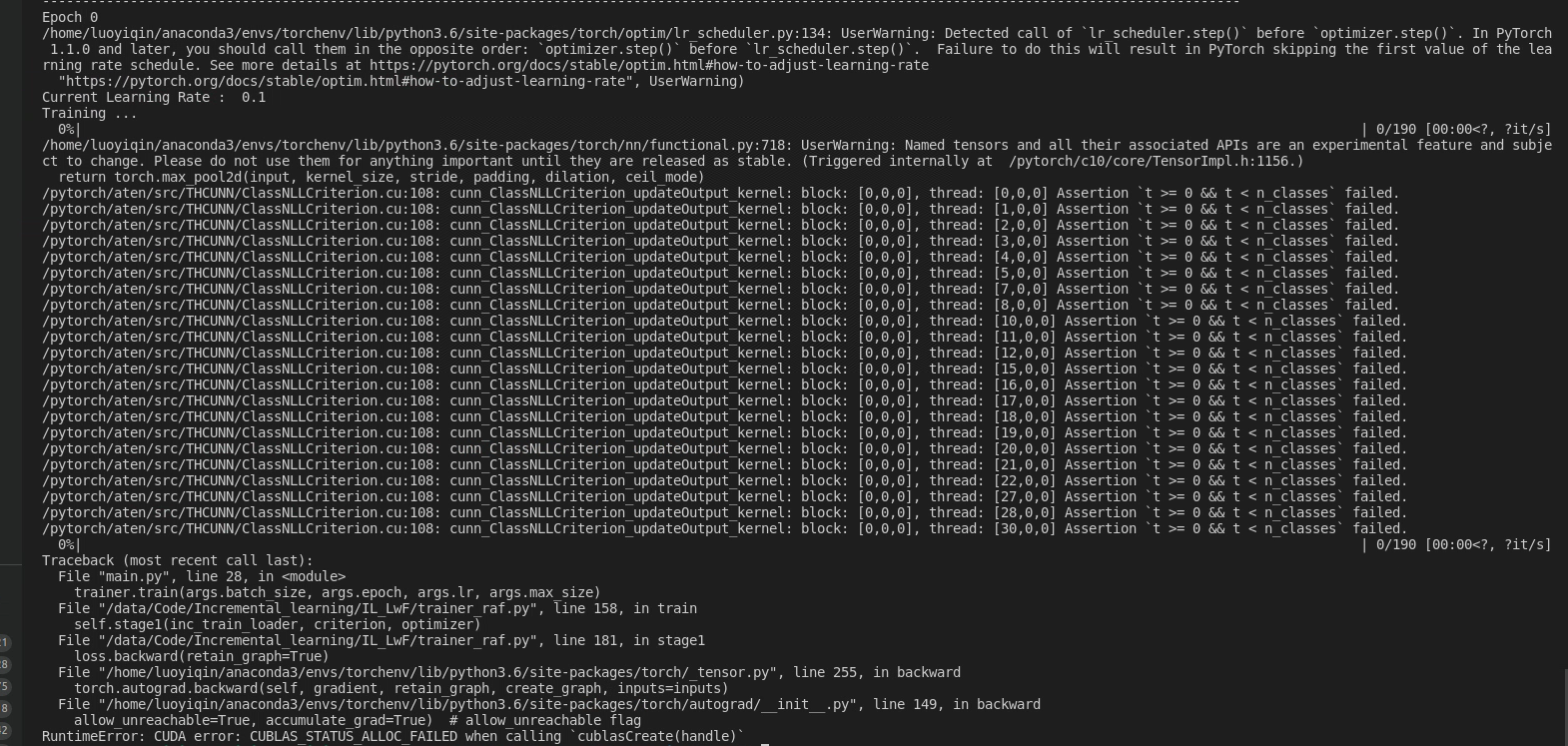 python运行报错_RuntimeError: CUDA error: CUBLAS_STATUS_ALLOC_FATLED when calling ‘cublasCreate ...