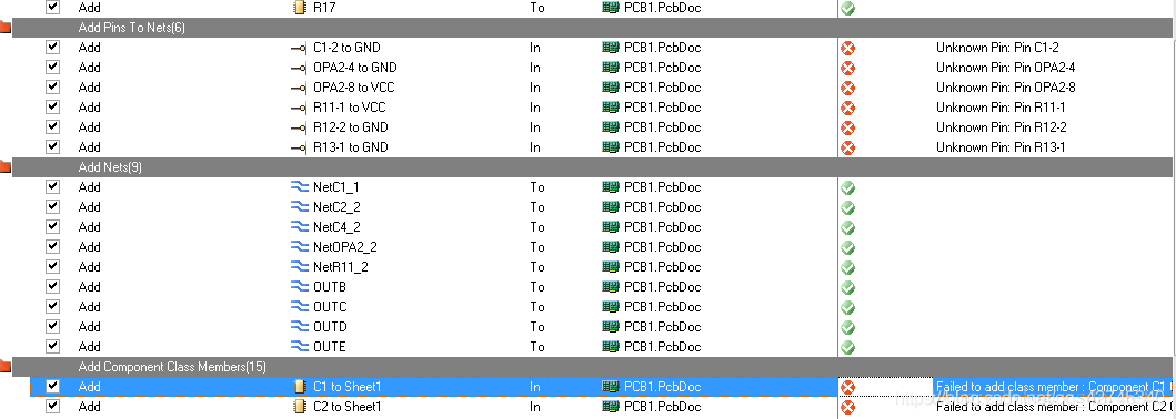 Altium designer 原理图转换为pcb时出现的 unknown pin 和 failed to add class member 问题的解决方法_failed to add ...
