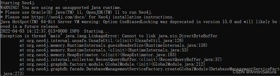 启动neo4j报错:starting Neo4j Warning You Are Using An Unsupported Java Runtimestarting Neo4j