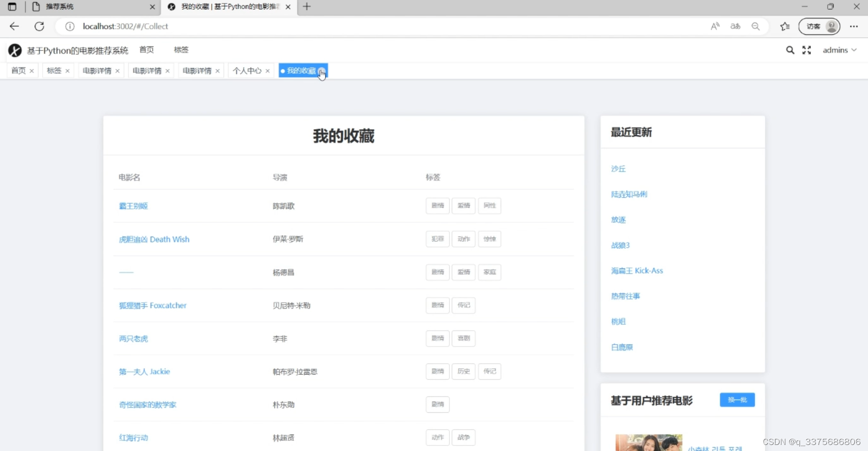 基于python电影推荐系统爬虫豆瓣电影django框架 Vue框架 毕业设计python毕业设计主要用什么框架 Csdn博客