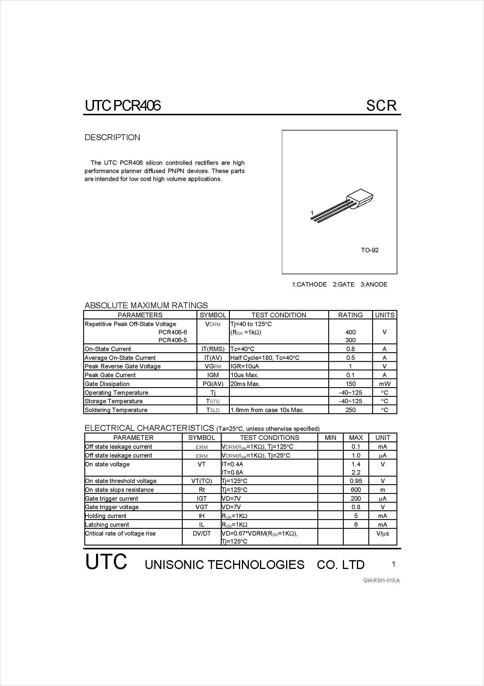小功率晶闸管 ： UTC PCR406_pcr406调光电路图-CSDN博客