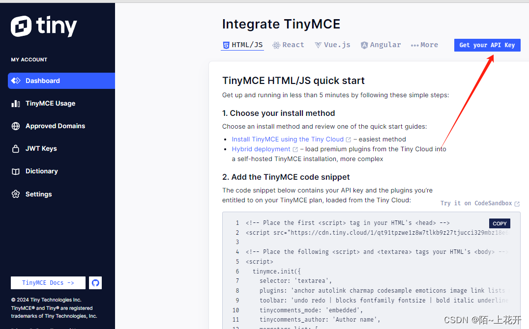 vue3中tinymce5.1.1基础配置、使用api-key、上传图片、自定义按钮，以及付费情况_tinymce apikey-CSDN博客