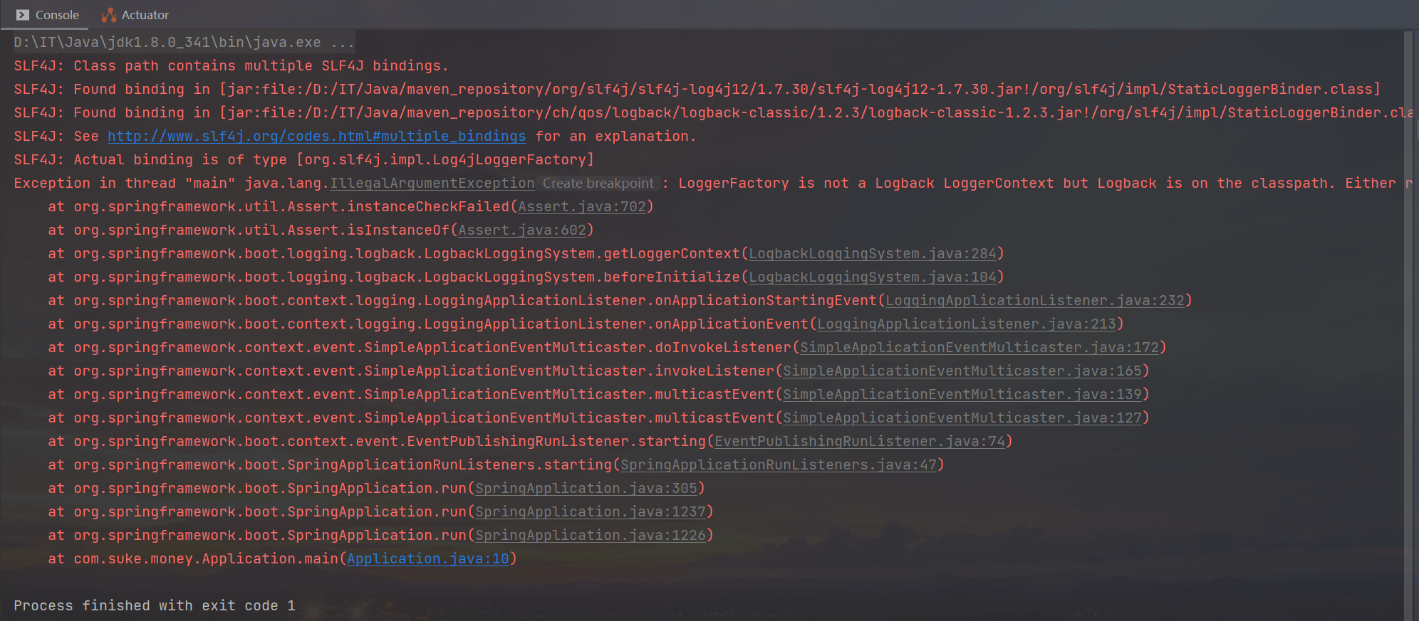 Caused by: java.lang.IllegalArgumentException: LoggerFactory is not a Logback LoggerContext but ...
