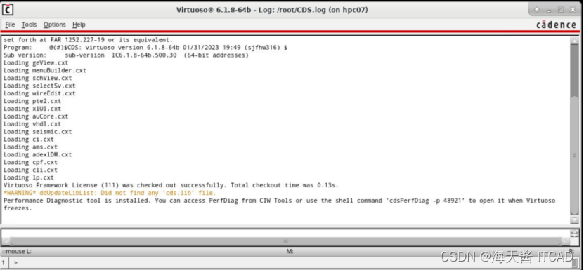 ic618 virtuoso在centos8.5.2111启动时 virtuoso: *WARNING* (PerfDiag): The ...