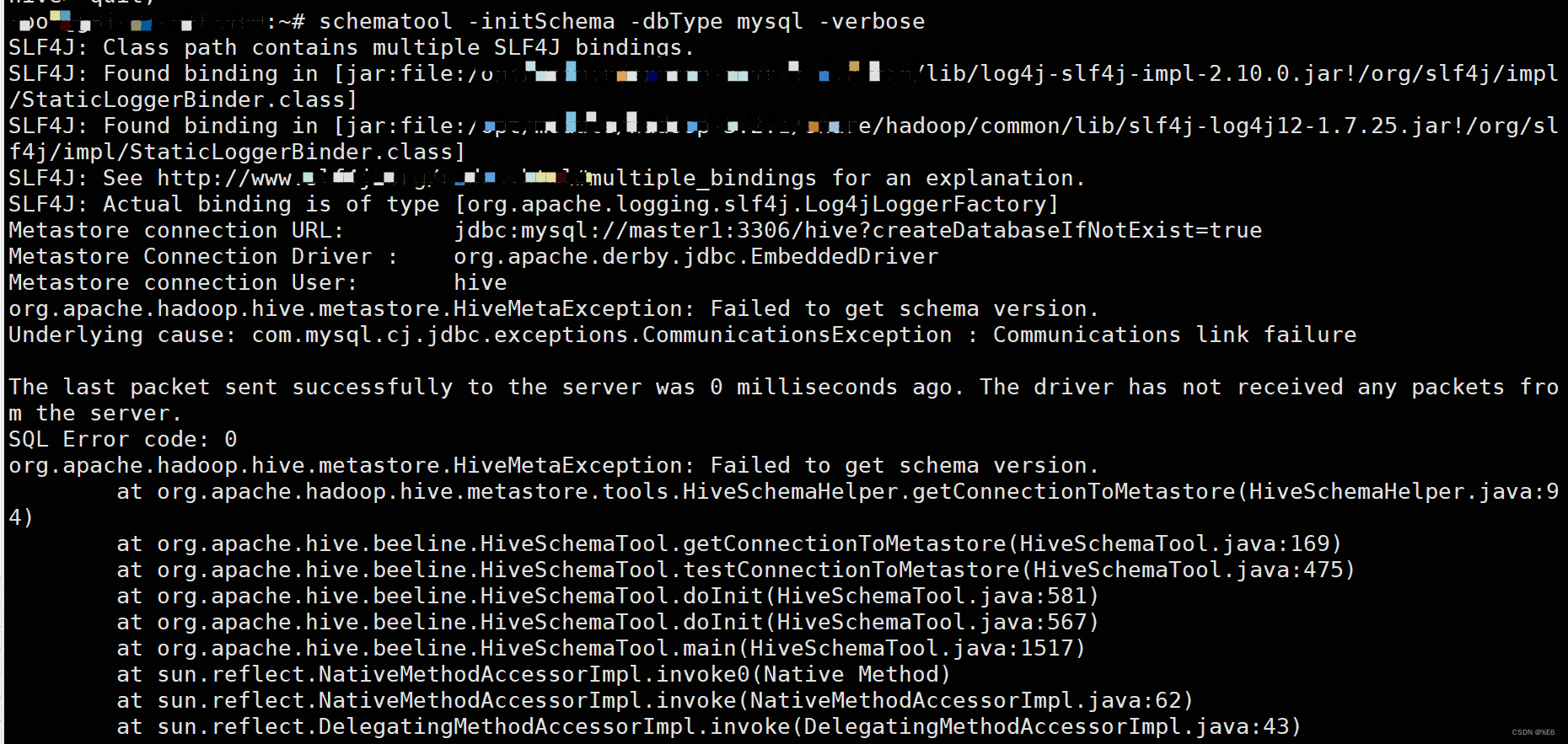 hive 用mysql metastore 初始化失败 The last packet sent successfully to the server was 0 milliseconds ...